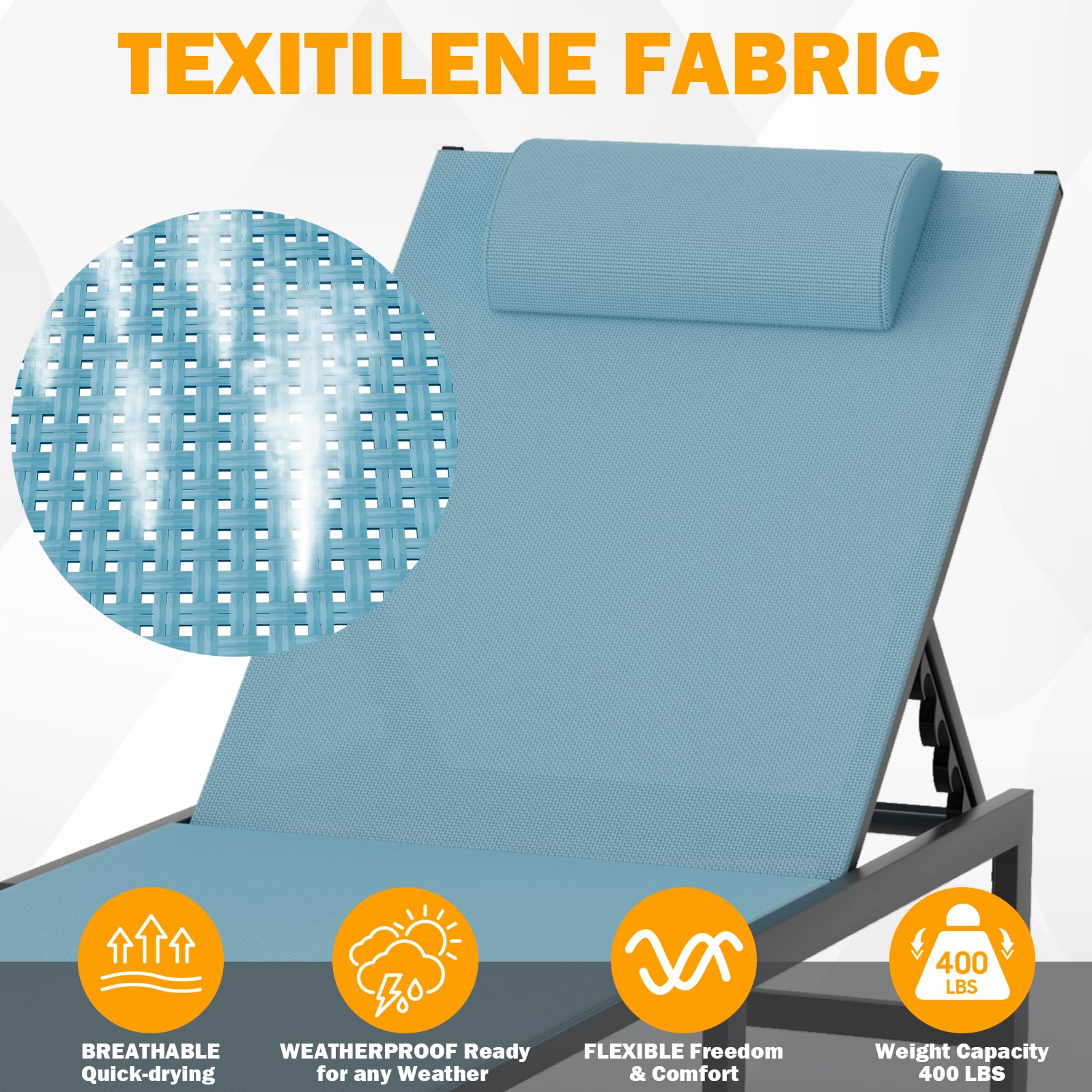 WOAJNQO Chaise Lounge Chair Outdoor,Aluminum Patio Lounge Chairs,Lounge Chairs with 5 Adjustable Backrest and Headrest Pillows for Outside Beach,Blue
