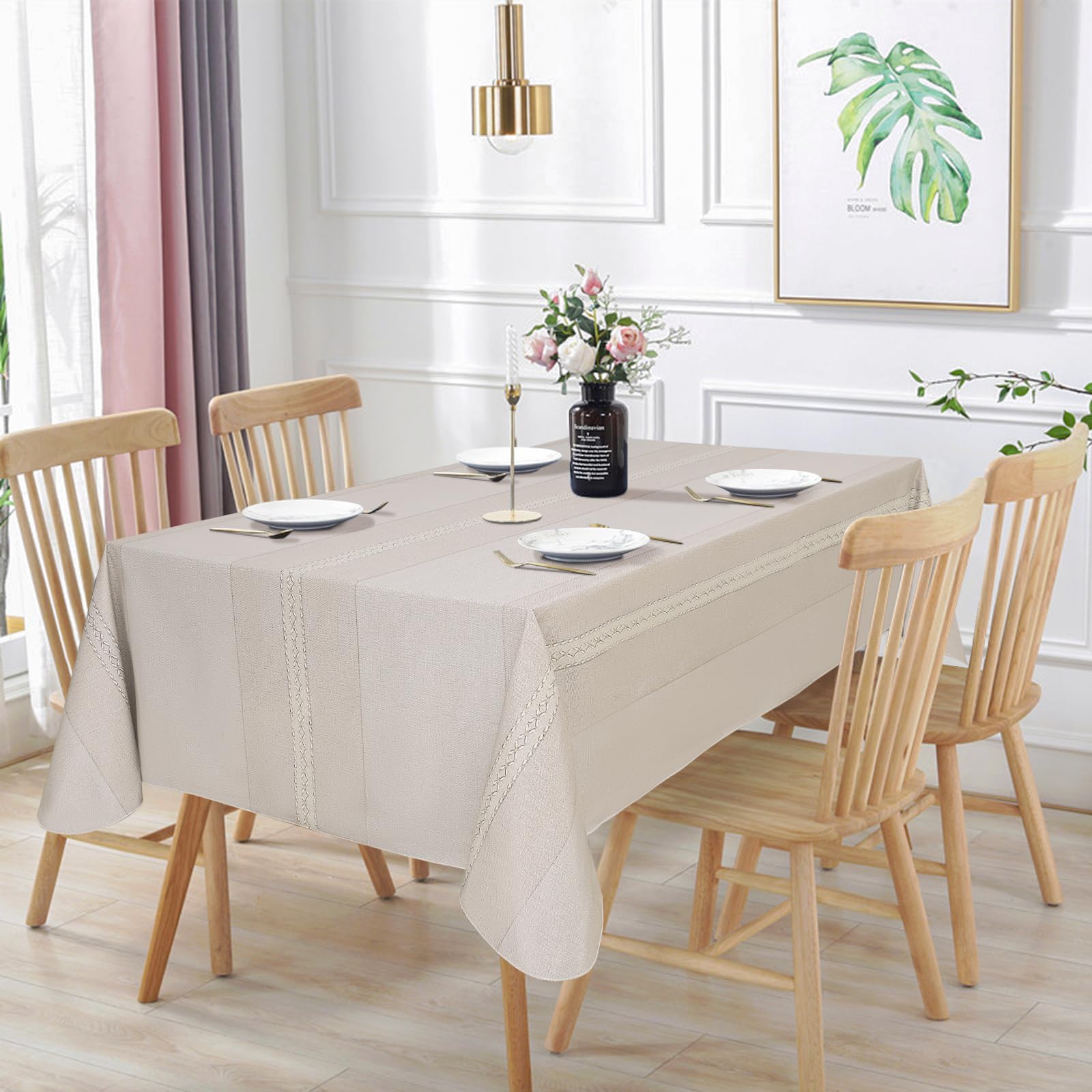 Vonabem 100% Waterproof Rectangle PVC Tablecloth, Vinyl Table Cloth Cover with Flannel Backing Oil Spill Proof Wipeable Table Cloths for Indoor Outdoor(Light Coffee,52X70IN)