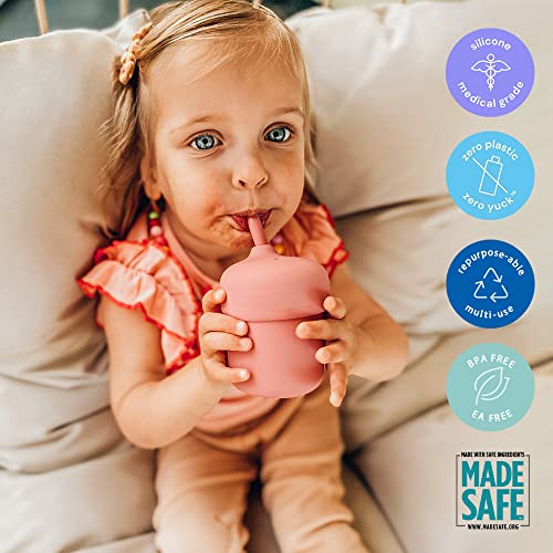 Pura my-my Silicone Straw Cup| Spill Proof, Reusable, Food Grade Silicone, Plastic-Free | For Kids, Toddlers, Babies & Infants - 2 Pack Rose & Moss