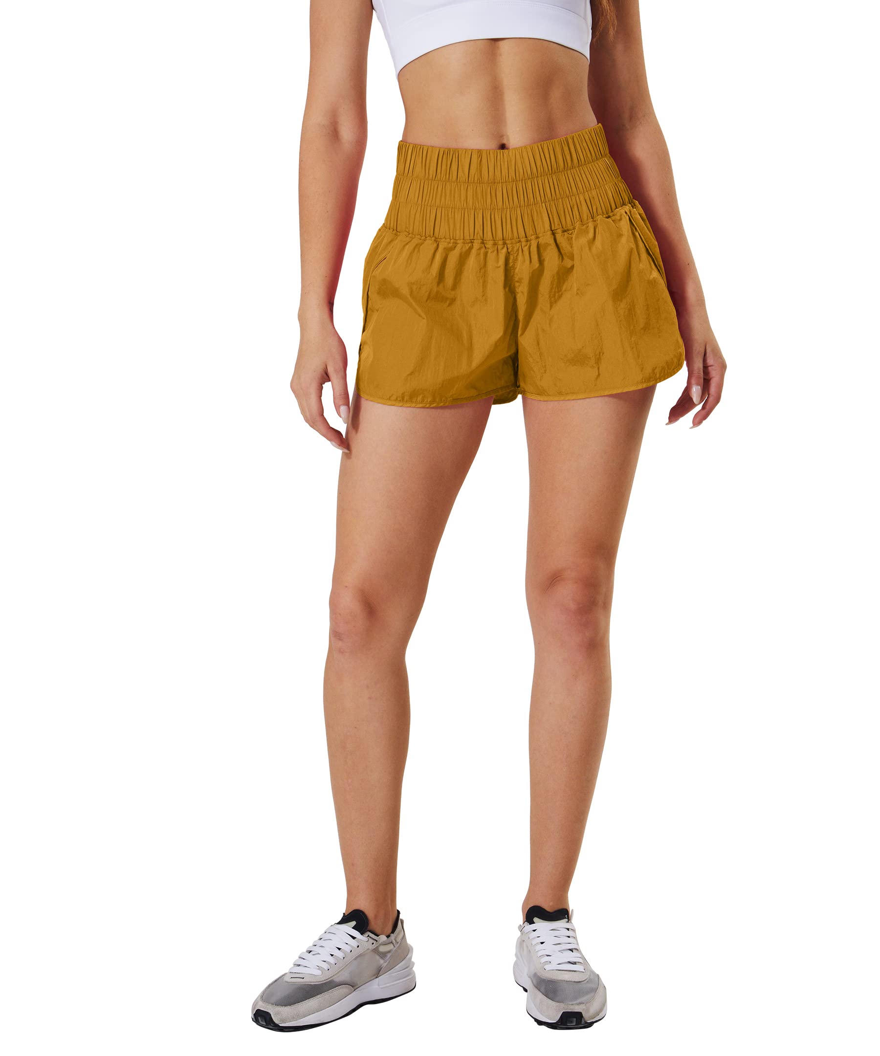 MEIVSO Women's High Waisted Running Shorts Quick Dry Elastic Shorts Casual Workout The Way Home Shorts Yellow XL