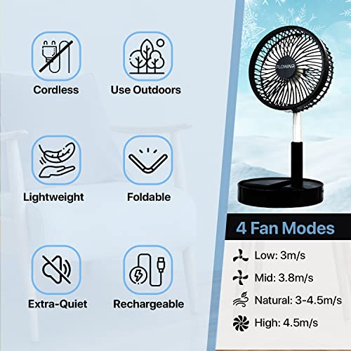 USB Rechargeable Battery Operated Fan for Home β Adjustable Standing Fan with Adjustable Height β 8-inch Portable Wireless Foldable Rotating Travel Fan β Foldaway Fan for Desk, Table, Office, Bedroom