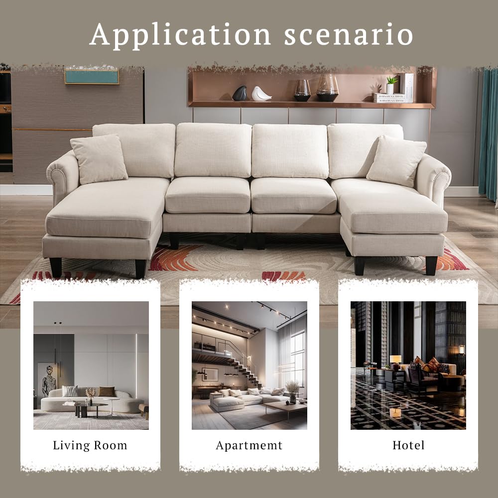 STLVUEO Modern Sectional Sofa, Living Room Combo Sofas Couch, L-Shaped Couches Chaise Lounge Sofa with Ottoman Set, Plastic Feet, for Living Room, Office, Studio, Condo, Beige