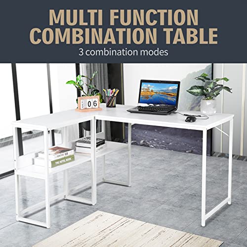 UNICOO β Muti-Function 3 Combination Computer Desk. L Shaped Computer Desk with Shelves, Study Desk with Reversible Storage Shelves for Home Office (XJH-2402 - White)