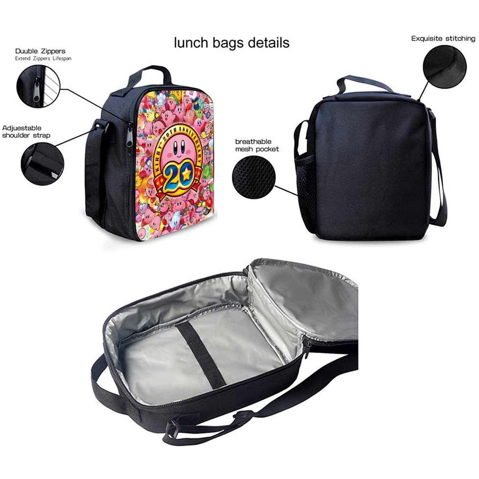 IKBAGVBK 3 Piece Kirby Game Kids Backpack Set,Kerbe Schoolbag and Lunch Bag & Pencil Case Set for Boys Girls school supplies Bookbag