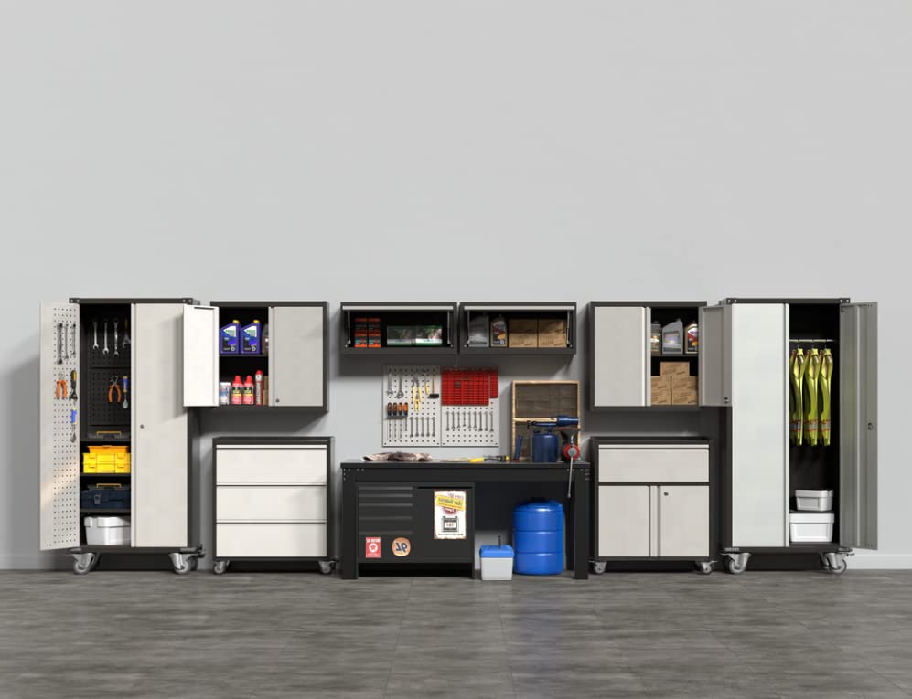 SUXXAN Garage Metal Storage Cabinet with Wheel for Home Garage/Adjustable Shelves, Lockable, Stiffener and Bumpers Design, Six Cabinets