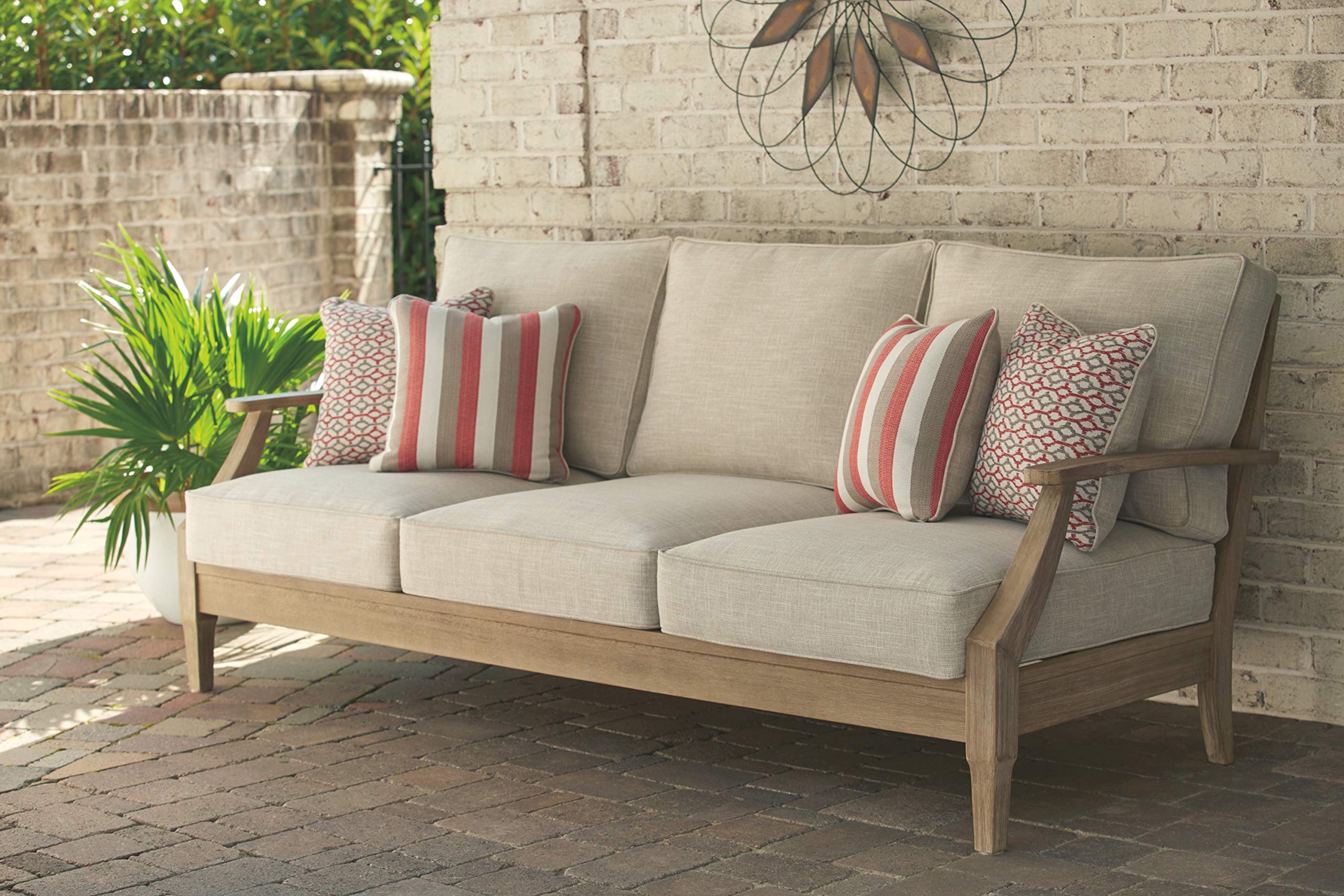 Signature Design by Ashley Clare View Coastal Outdoor Patio Eucalyptus Sofa & Gerianne Rectangular Eucalyptus Wood Slat Top Coffee Table & Clare View Eucalyptus Wood Single Cushioned Lounge Chair