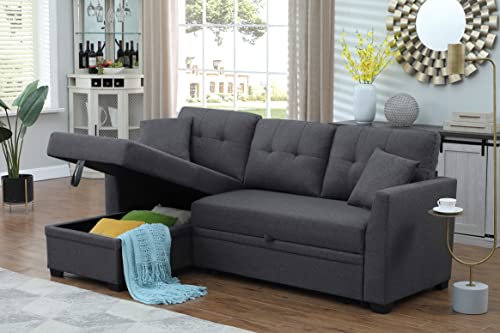 Payeel Sectional Sofa with Pull-Out Bed and Storage Chaise Lounge 81.5" Reversible Furniture Contemporary L-Shaped Fabric Sleeper Sofa for Living Room (Dark Gray)