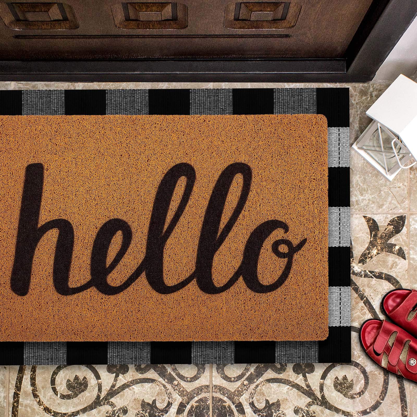 Nuanchu 2 Pieces Welcome Doormat Home Imitation Coir Hello Doormat with Rubber Non Slip Backing Checkered Buffalo Plaid Rug for Layering Decorative Front Door Entrance Mat