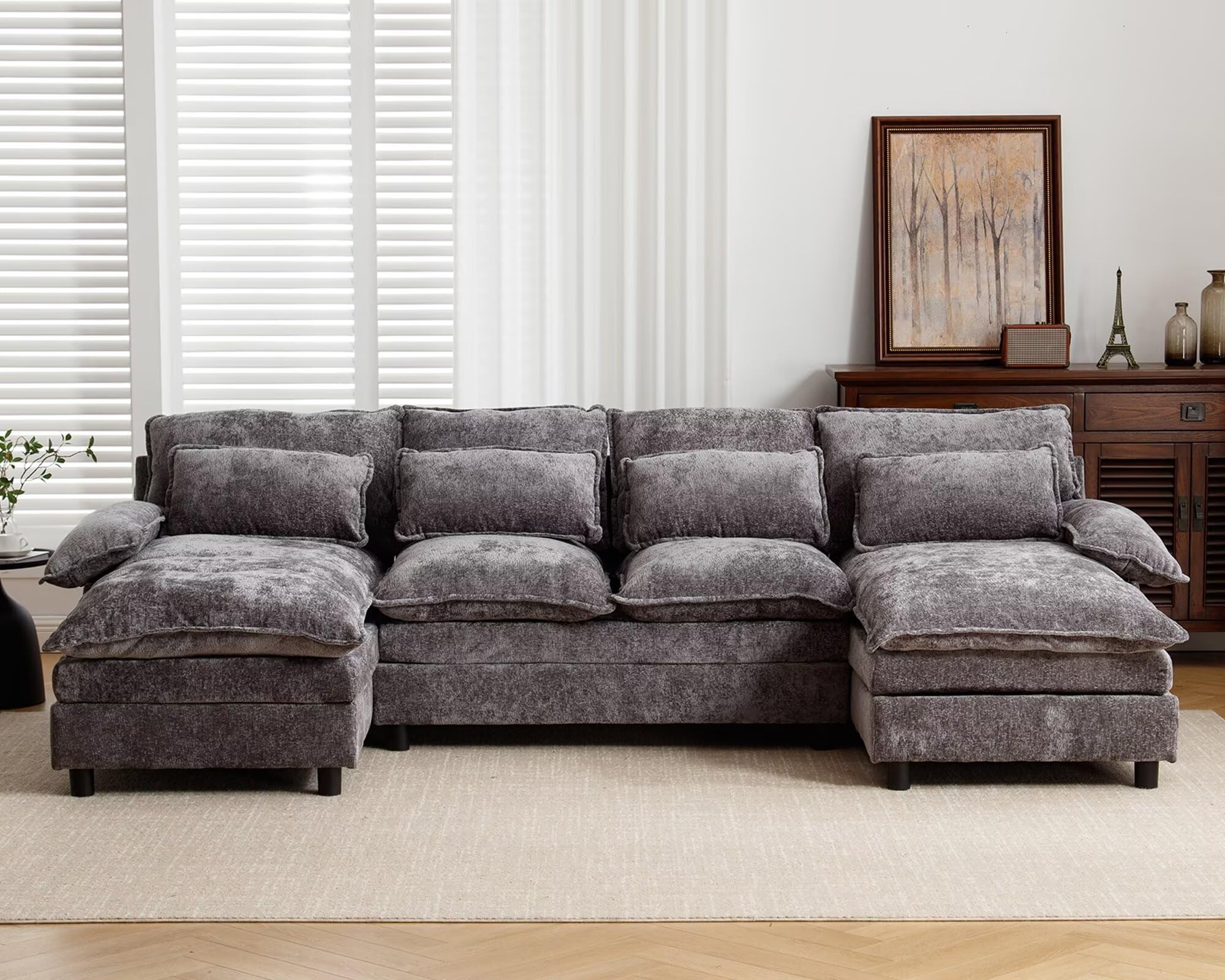 Siiejia U Shape Cloud Couch, 4 Seats Comfy Sectional Sofa Couches for Living Room, Modular Chenille Sofas with Double Reversible Chaise for Spacious Space Apartment, Grey