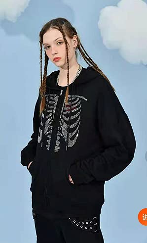 Women's Y2K Rhinestone Skull Hoodie Zip Up Oversized Casual Drawstring Hoodie E-Girl 90s Streetwear Jacket Tracksuit(G-black,S)