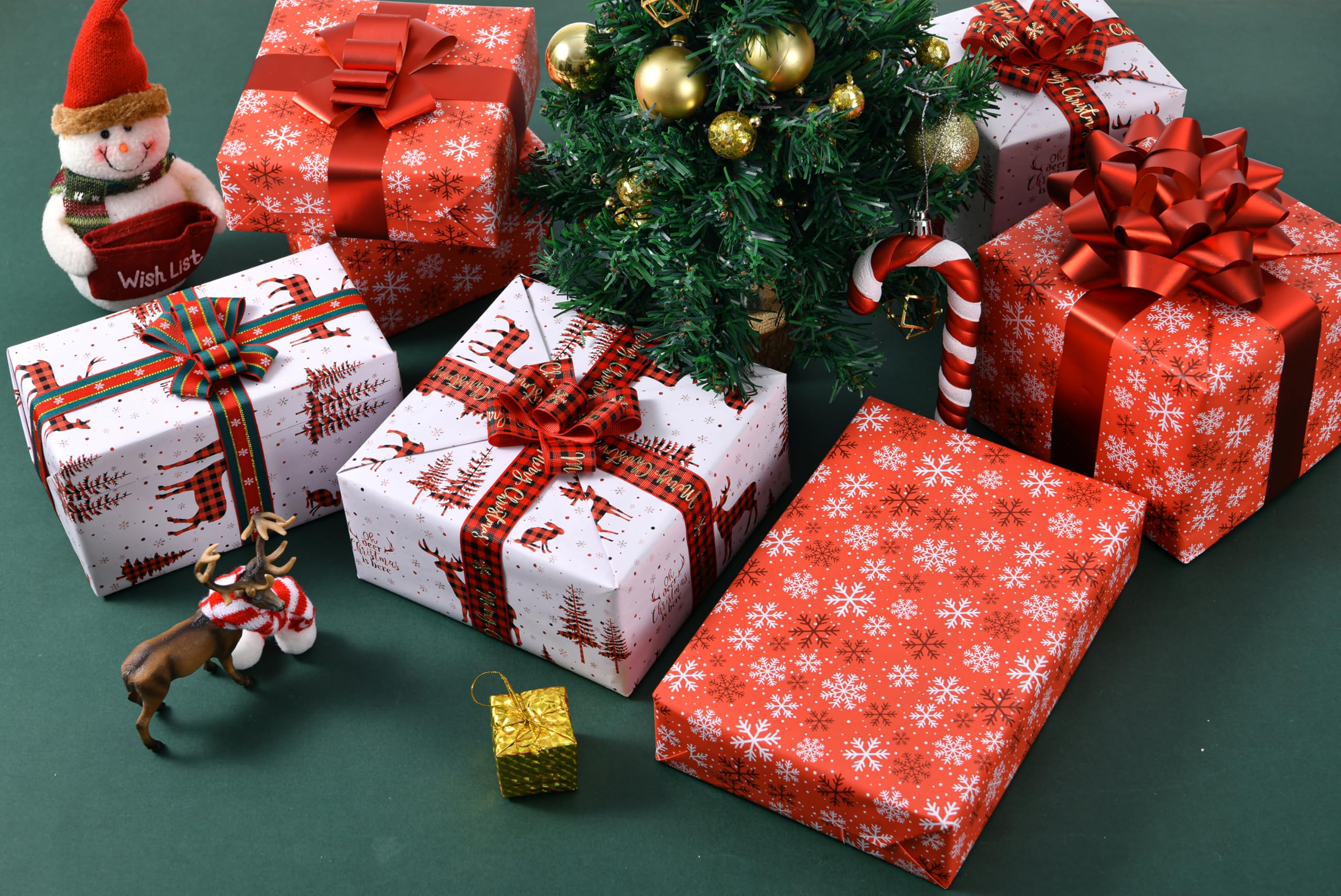Sikiweiter Christmas Wrapping Paper Rolls -Mini Roll 17 Inch X 33 Feet - Reversible Red Christmas Wrapping Paper, Plaid Reindeer and Snowflake Design Christmas Wrapping Paper(Christmas)