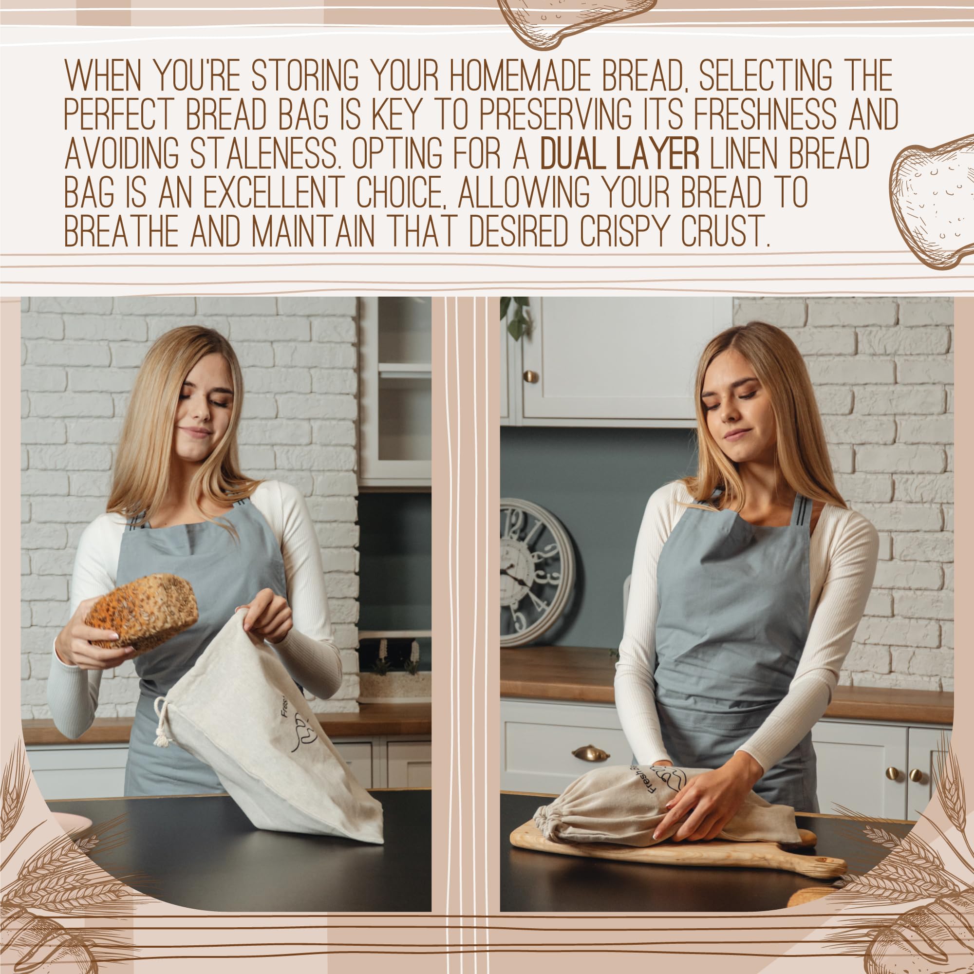 Simply H&K Linen Bread Bags [Pack of 3] with Inner Lining - Keeps Homemade Bread Fresh & Secure - Perfect for Sourdough & Gift Giving - Set of Reusable Bread Bags