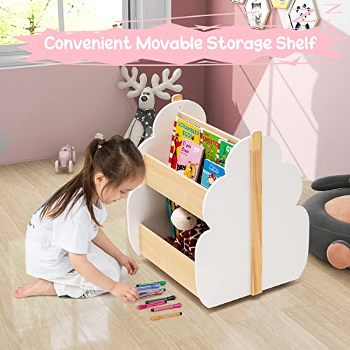 UIIAIOUIAIO Kids Bookshelf, 2-Tier Wooden Storage Shelf Book Rack with Universal Wheel
