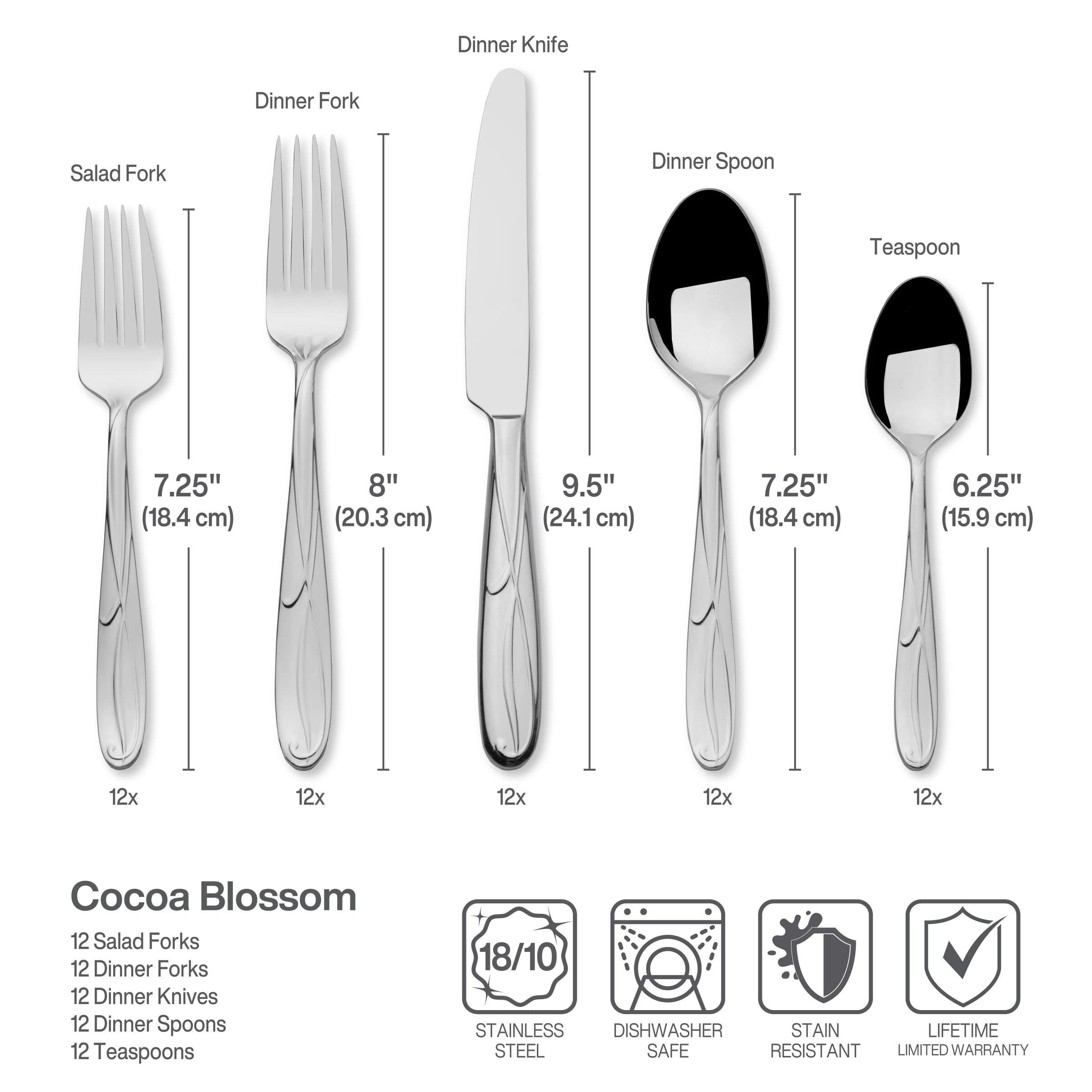 Mikasa 5061639 Cocoa Blossom 65-Piece 18/10 Stainless Steel Flatware Set with Hostess Serving Utensil Set, Service for 12,Silver
