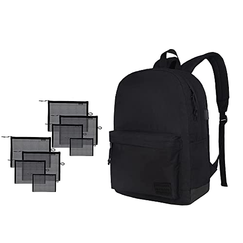 SUPACOOL Lightweight Casual Laptop Backpack with USB Charging Port and Set of 8 Black Travel Mesh Organizer Bags