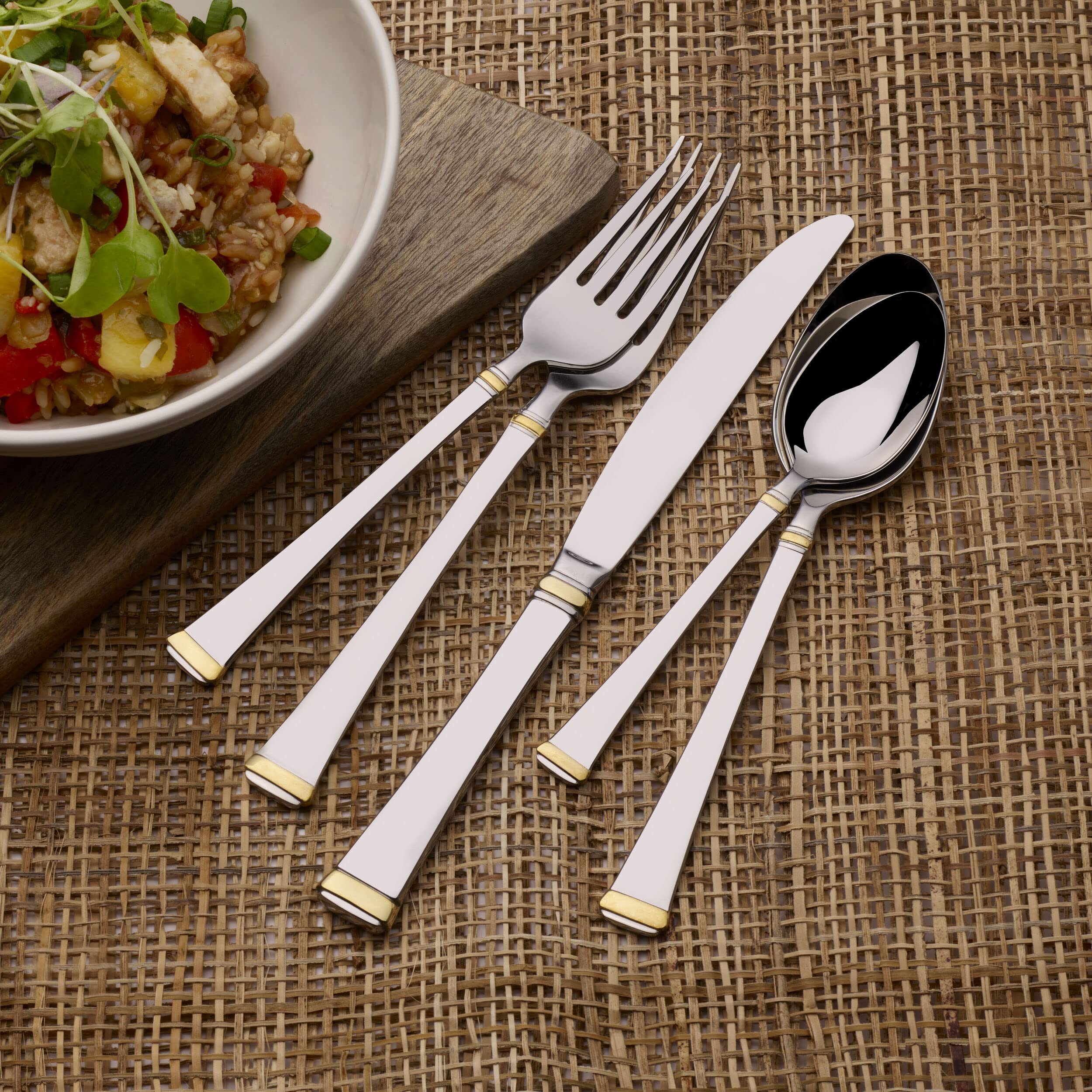 Mikasa Harmony 65-Piece Stainless Steel Flatware Set with Serveware, Service for 12, Gold-Accent