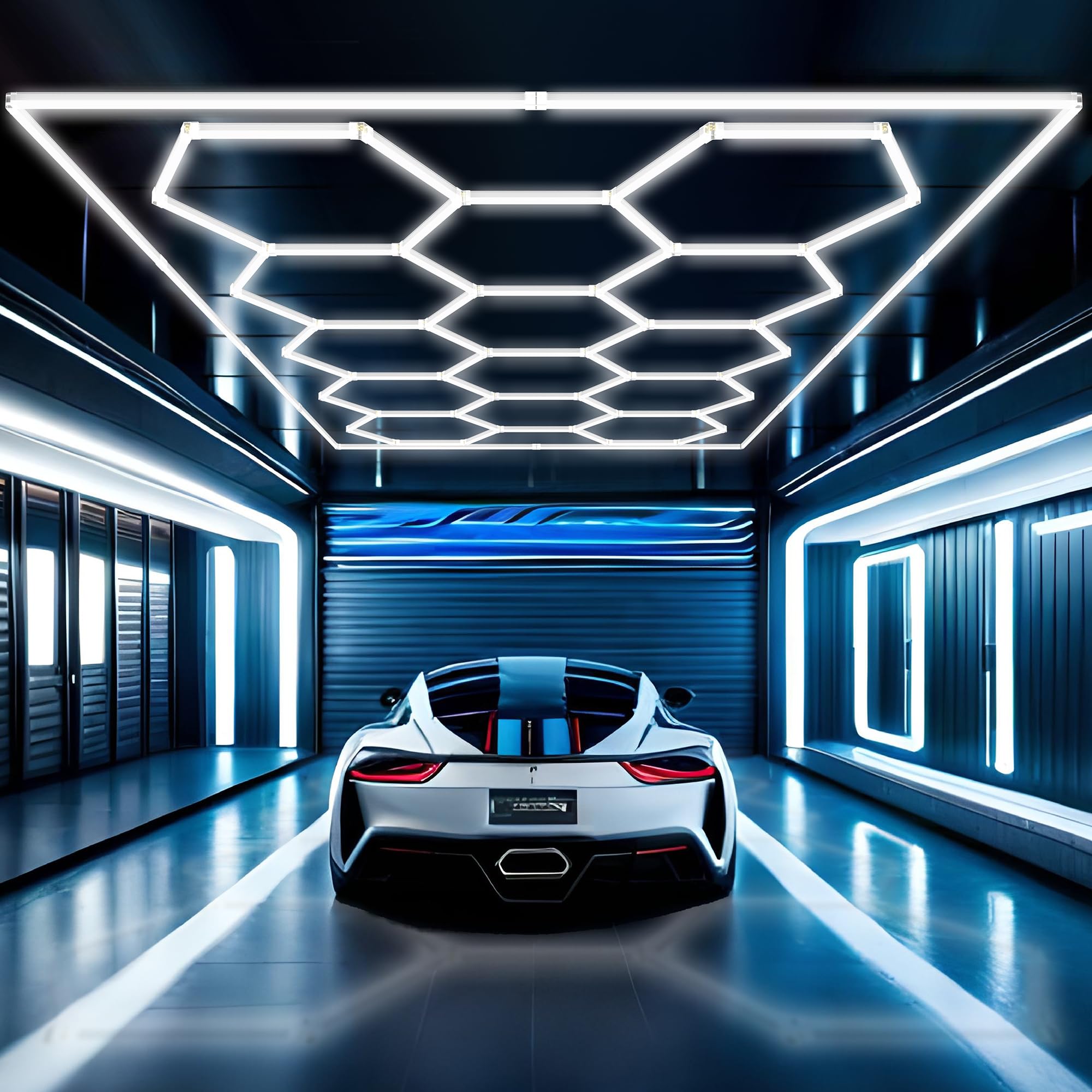 TEPU Garage Hexagon LED Lights 8'X16', 720W 86400LM 6500K White Super Bright 14 Grid Hexagon Ceiling Light, Hexagon Garage Lights with Rectangle Frame, Suitable for Garages Barber Shop Gyms Basements