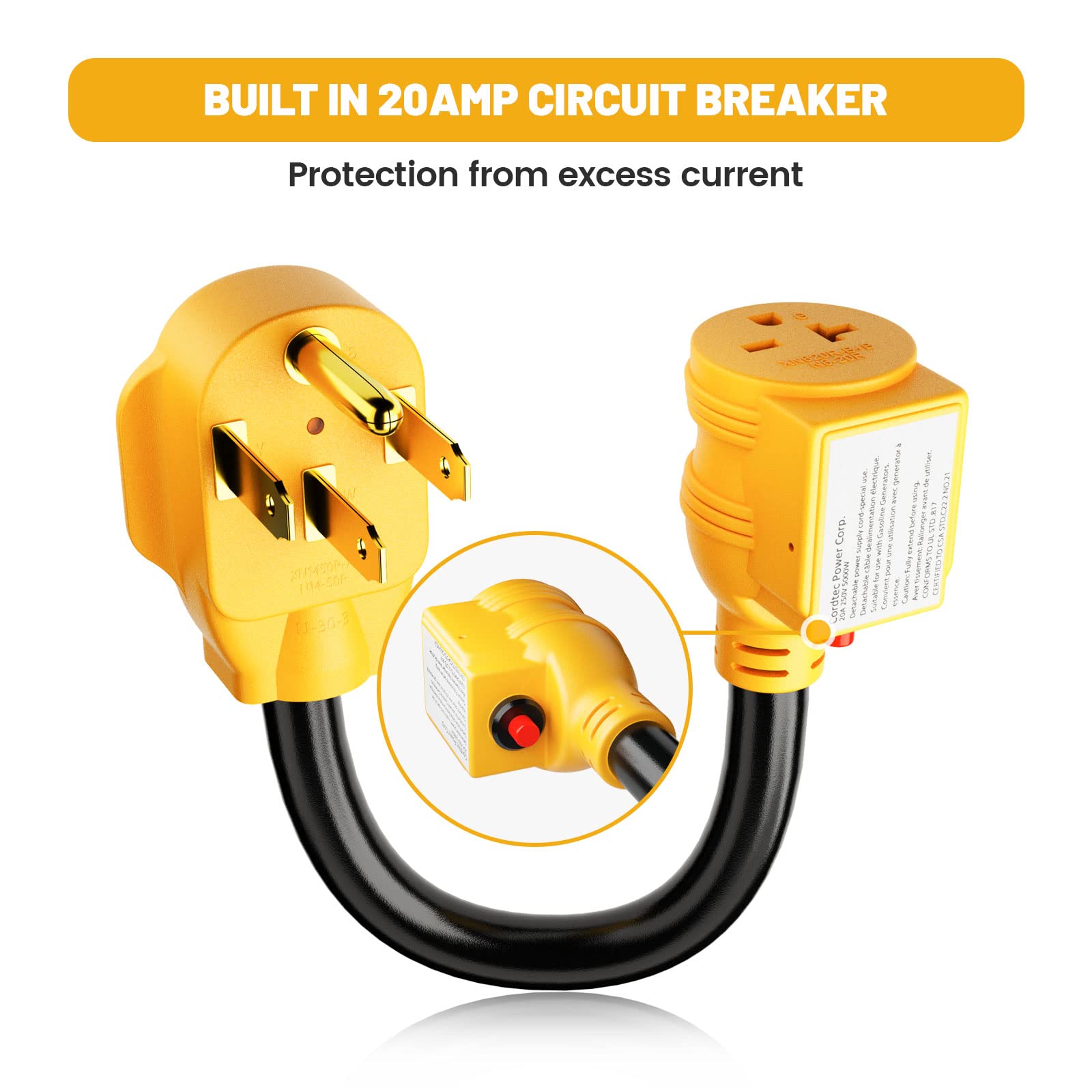 MECMO NEMA 14-50P to NEMA 6-20R for Tesla EV Charging Adapter with Surge Protector Breaker, 1FT 50A 14-50P RV/Generator/Range Plug to 6-15/20R Home Outlet with 20A Breaker
