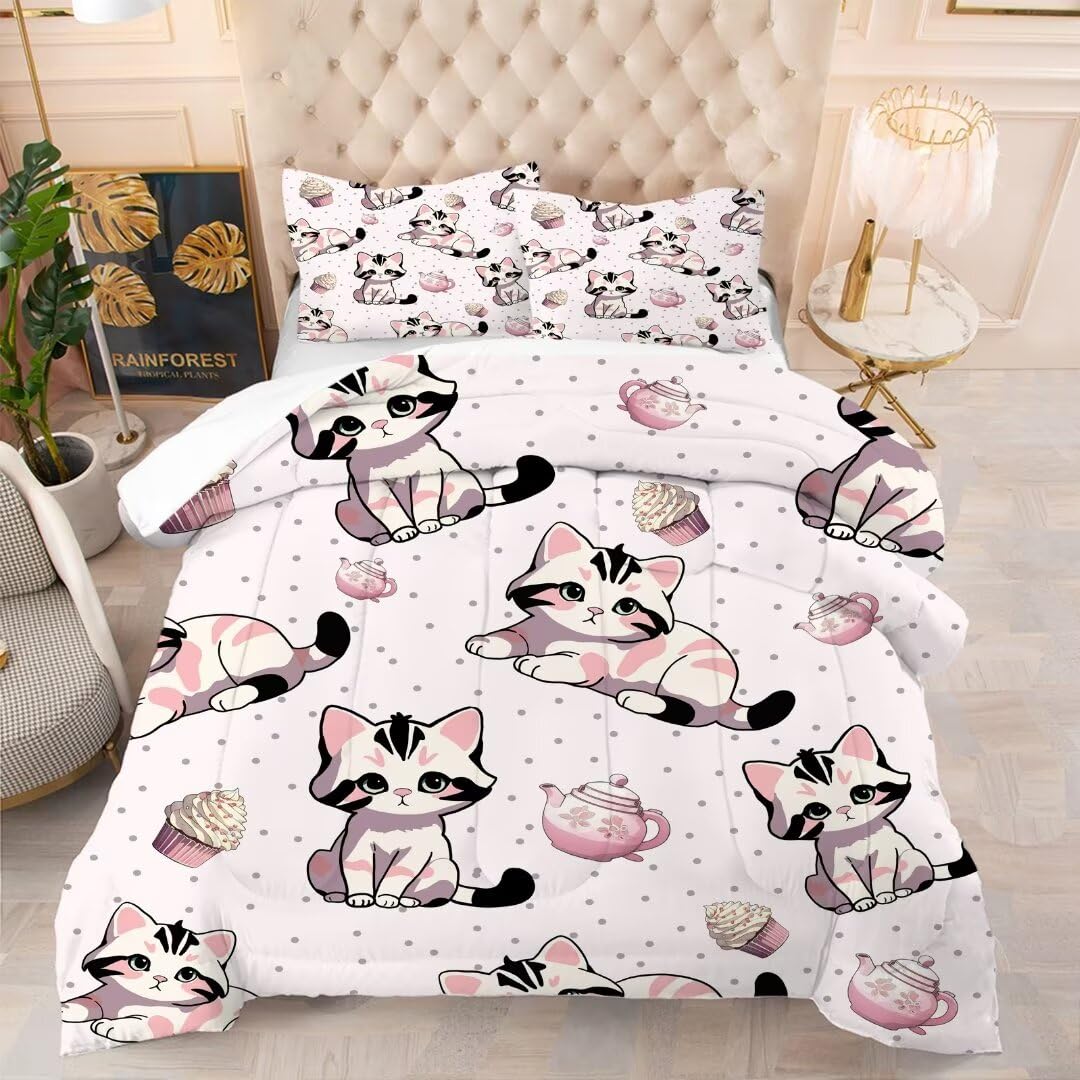 VTKON Pink Cute Cat Girls Kids Comforter Set Twin Size Soft Microfiber Cartoon Cat Quilt Set for All Season Use Perfect Room Decor of Pink Kawaii Cat Bedding for Teens with 1 Comforter 1 Pillowcase
