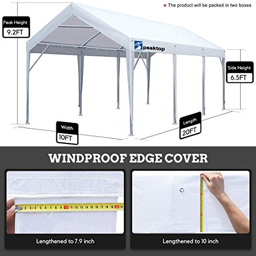PEAKTOP OUTDOOR 10x20 ft Heavy Duty Carport Car Canopy with Removable Window Sidewalls, Portable Garage Tent Boat Shelter with Reinforced Triangular Beams, White