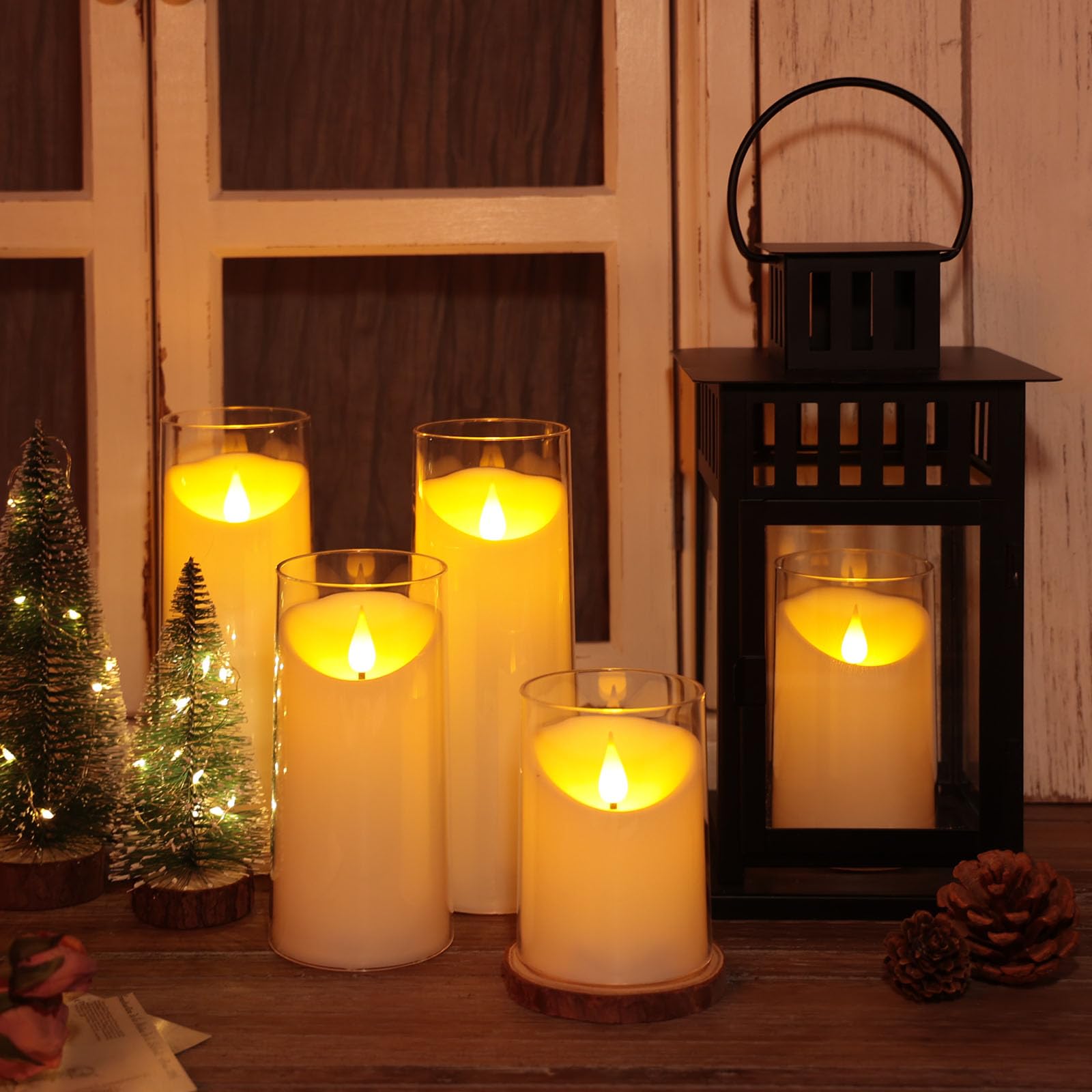 NURADA Flickering Flameless Candles: Acrylic LED Pillar Candles Battery Operated with Remote and Timer Imitation Glass Candle for Home Table Bathroom Decor, Gold, Pack of 5 (D 3"×H 4" 5" 6" 8" 8")