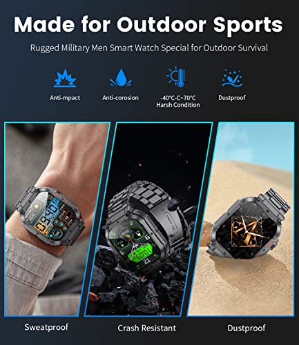 Smart Watches For Men Rugged Make/Answer Calls Voice Assistant 1.96in IPS Big Screen 400mAh Long-Lasting Battery 5ATM Waterproof Fitness Heart Rate Step Calorie Tracker Android iOS Men's Smartwatch