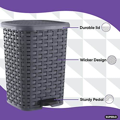 Superio Mini Trash Can with Foot Pedal Small Outdoor Garbage Can with Lid, 3 Gallon Plastic Waste Basket for Bathroom, Bedroom, Kitchen, Office, Patio (Wicker Grey 12 QT.)
