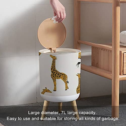 Trash Can with Lid Seamless Giraffe African Animal Nursery Print Wrapping Paper Press Cover Small Garbage Bin Round with Wooden Legs Waste Basket for Bathroom Kitchen Bedroom 7L/1.8 Gallon