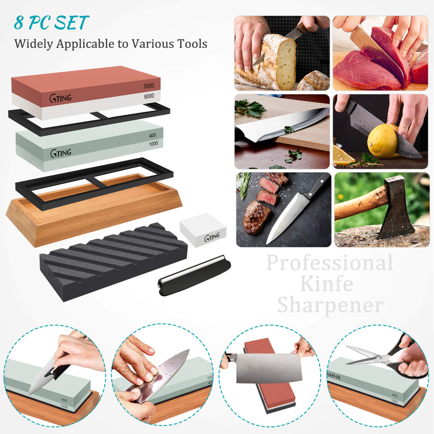 Sharpening Stone Whetstone Knife Sharpener, G-TING 400/1000 and 3000/8000 Grit Knife Sharpening Kit Wet Stone with Flattening Stone, Angle Guide, Non Slip Bamboo Base for Kitchen Knives, Pocket Knife