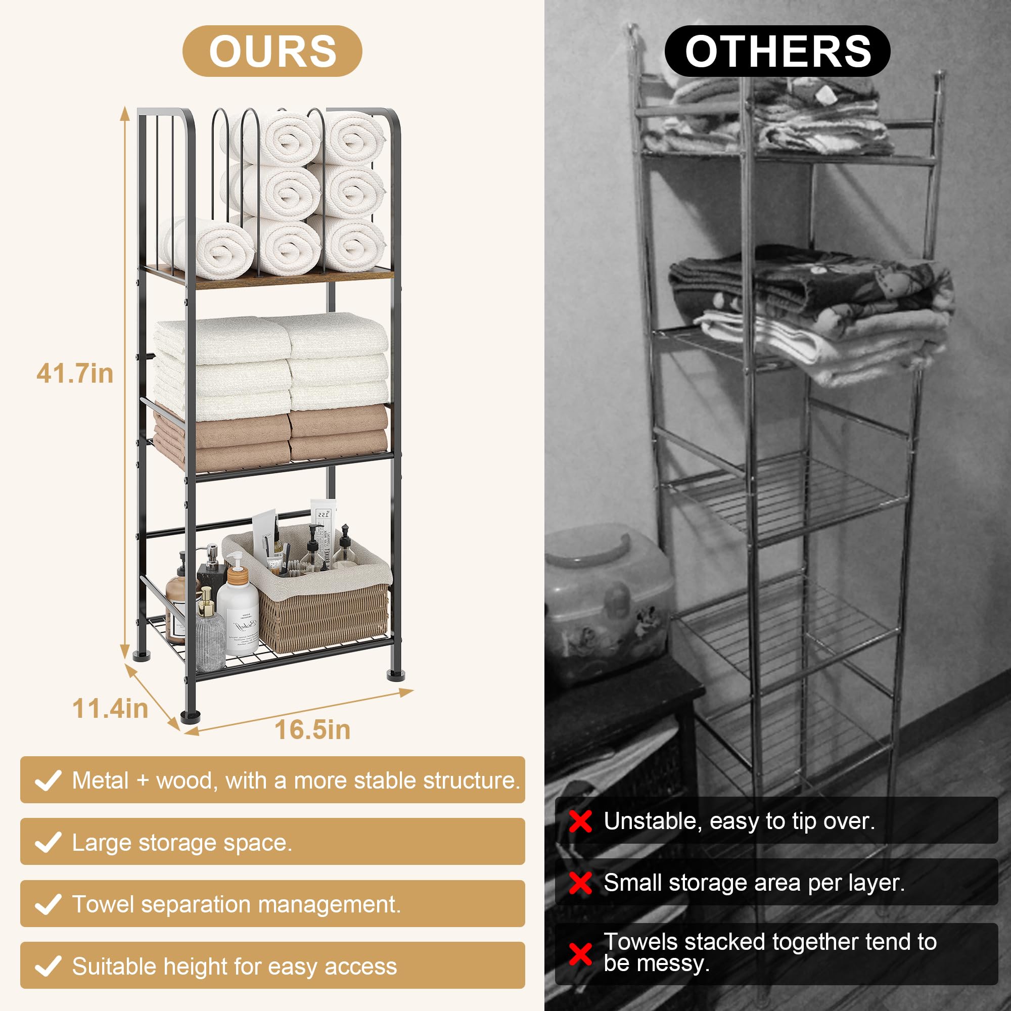 Towel Rack Free Standing 3-Tier M-Shaped Detachable Dividers, Durable Metal Towel Holder for Bathroom, Pool Towel Rack, Space-Saving Towel Storage Organizer, Modern Bath Towel Shelf for Home, Poolside