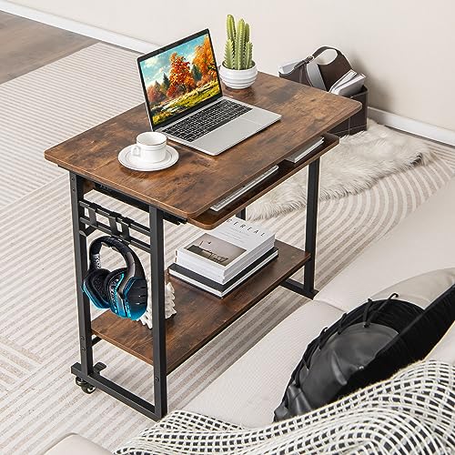 Tangkula Rolling Computer Desk Cart with Keyboard Tray, Mobile Portable Laptop PC Desk with CPU Stand & 3 Hooks for Sofa & Bed, Industrial Small Desk on Wheels for Small Spaces, Home Office Desk