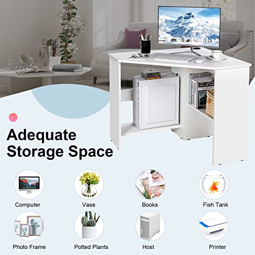 Tangkula White Corner Desk - 90 Degrees Triangle for Computer, Small Space, Bedroom, Makeup Vanity Desk with Storage Shelves & CPU Stand, Space Saving Writing Desk