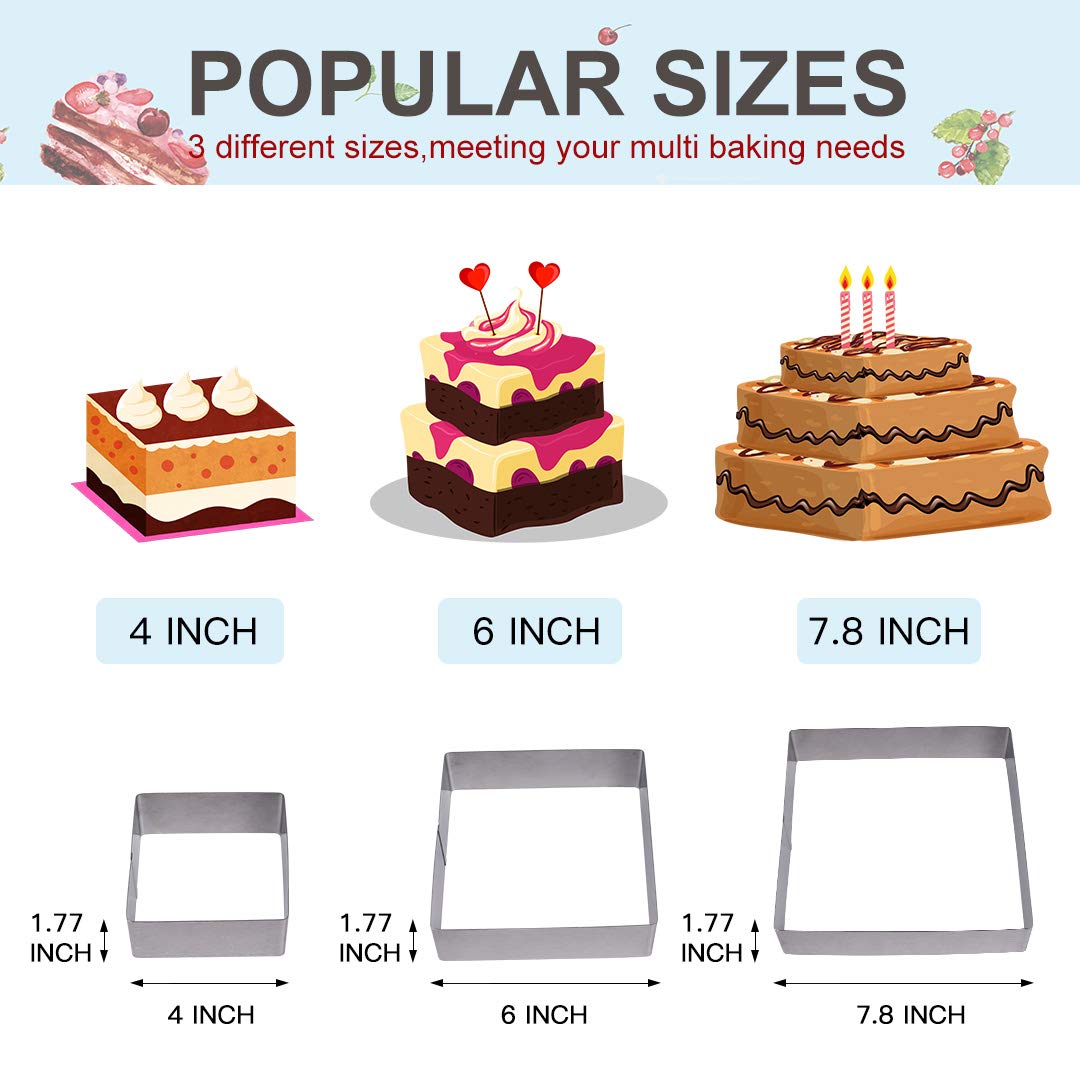 MEICHU Square Cake Ring 3 Pack, 4 to 7.8 Inch Stainless Steel Mousse Cake Mold Ring for Kitchen DIY Pastry