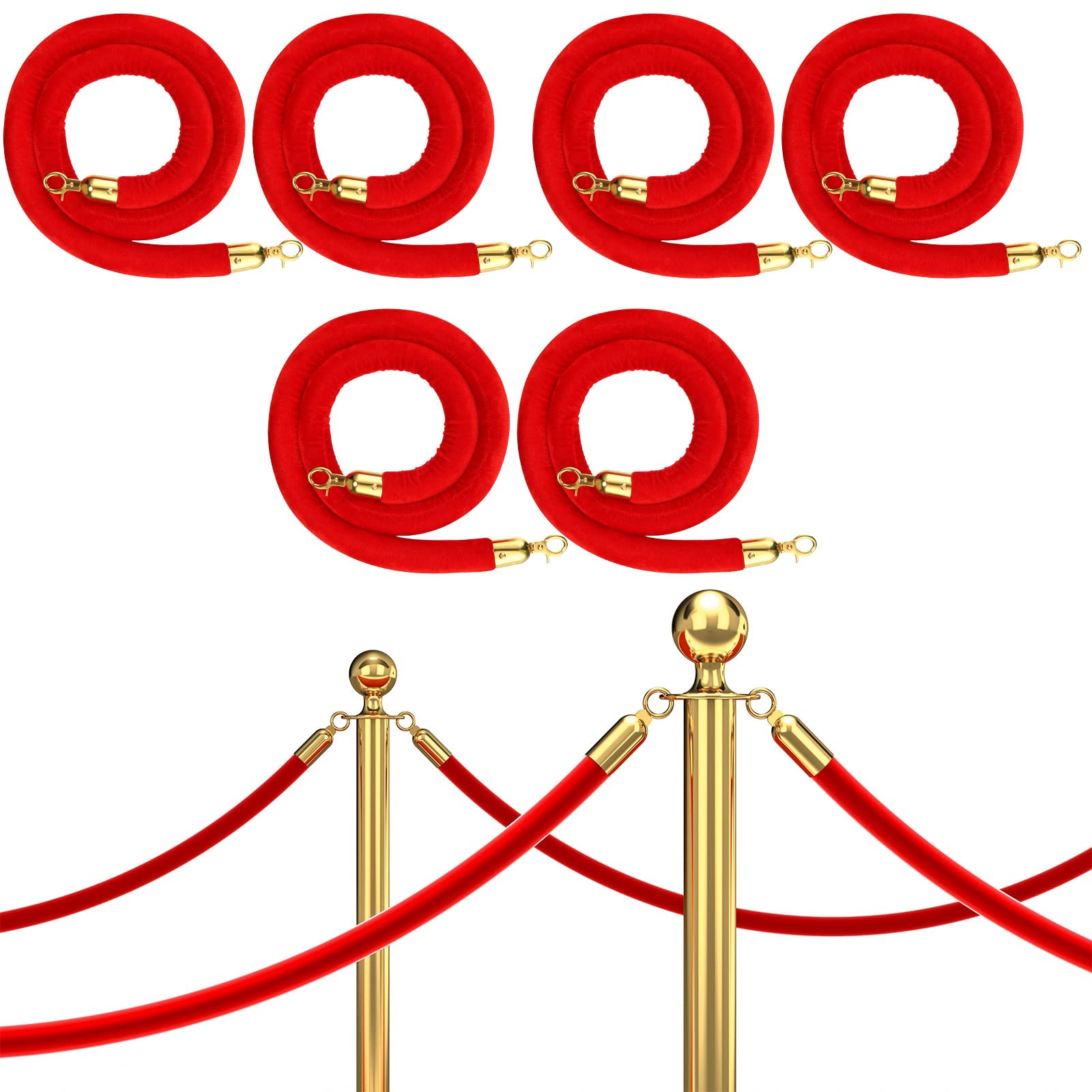 Nuogo 6 Pcs Velvet Stanchion Rope Red Carpet Party Decorations 5ft Crowd Control Velvet Ropes Safety Barrier with Gold Hook for Event Movie Theaters Grand Opening Hotel Christmas Party Supplies