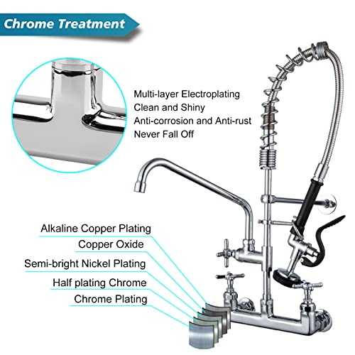 NETISR Commercial Faucet with Sprayer, Brass Chrome Wall Mount Kitchen Sink Faucet 25" Height 8" Center with Coilded Spring Pull Down Pre Rinse Sprayer, 12" Spout and 18" Hose (25 inches)