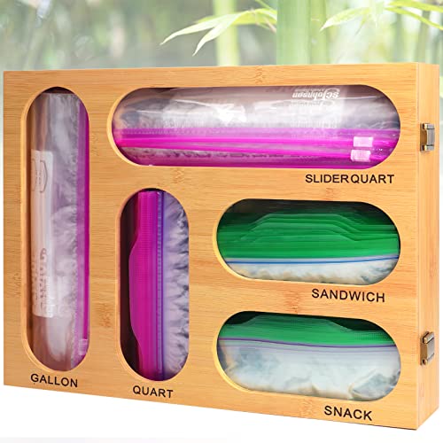 Taotripos Bamboo Ziplock Bag Storage Organizer for Kitchen, Baggie Organizer Dispenser for Drawer Sandwich Bag Organizer Holders Compatible with Ziploc, Solimo, Glad, Hefty for Various Sizes Bags