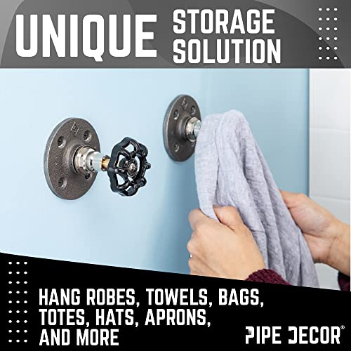 PIPE DECOR Coat Hook Black Industrial Water Spigot Valve Wall Mount with Real Iron Plumbing Flange for Home, Office or Retail Space 2-Pack