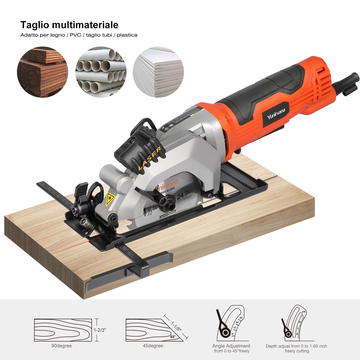 Yunirvana 4Amp 3500RPM Mini Circular Saw with Laser Guide, Vacuum Adapter, Blade Wrench and Rip Guide, Max. Cutting Depth1-5/8"(90°), 1-1/10"(45°)Compact Saw with 2 pcs 4-1/2" 24T TCT Blades