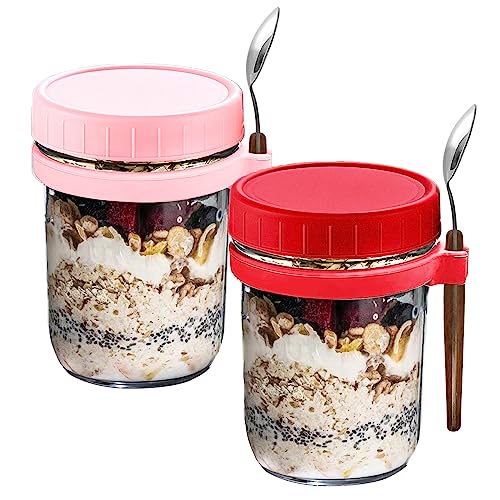 SNGKMSYG Overnight Oats Containers with Lids 2 Pack Mason Jars for Overnight Oats 12 oz Large Sealed Glass Meal Prep Container for Overnight Oats, Cereal, Yogurt, Milk, Salad with Measurement Marks