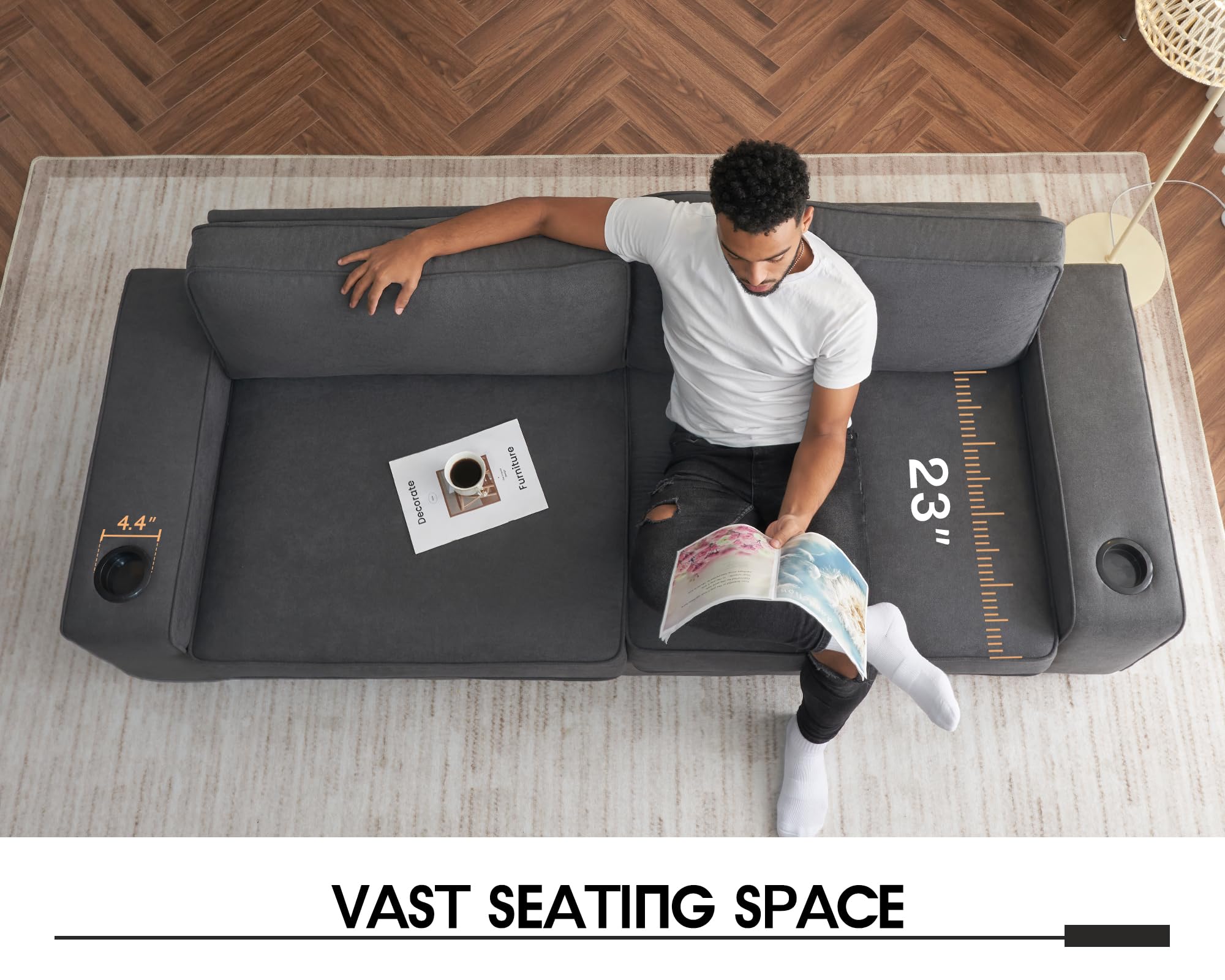 VanAcc Sofa, 2 Piece Set with Storage Ottoman, Modern Couches with Cup Holders & USB Charging Ports, 3 Seater Sofa and Loveseat- Charcoal Grey Chenille Couches for Living Room