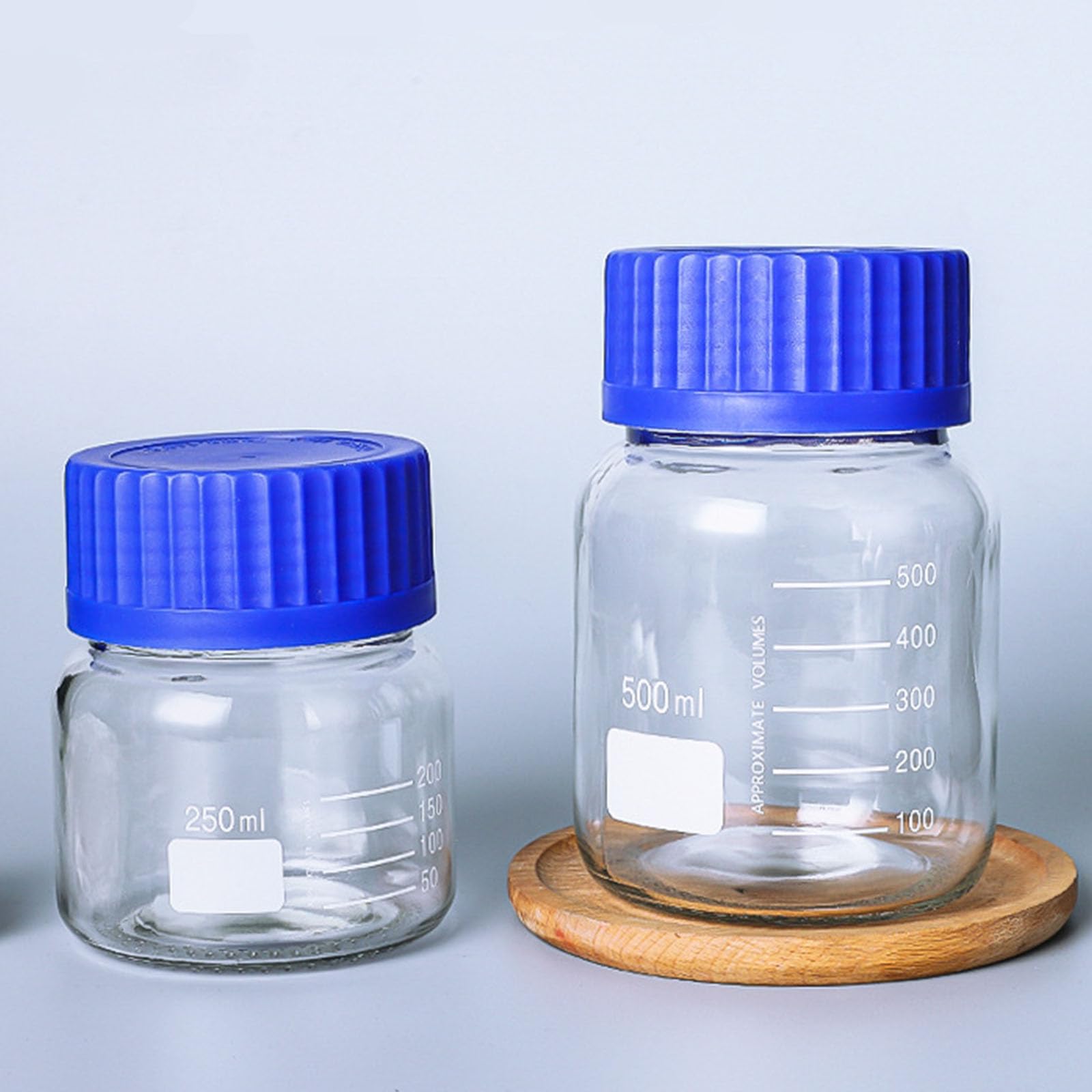 Paalee 6 Pack Graduated Round Reagent Bottle Set, Wide Mouth Borosilicate Glass Lab Media Storage with GL80 Blue Polypropylene Screw Caps, Leakproof and Autoclavable (250ml)