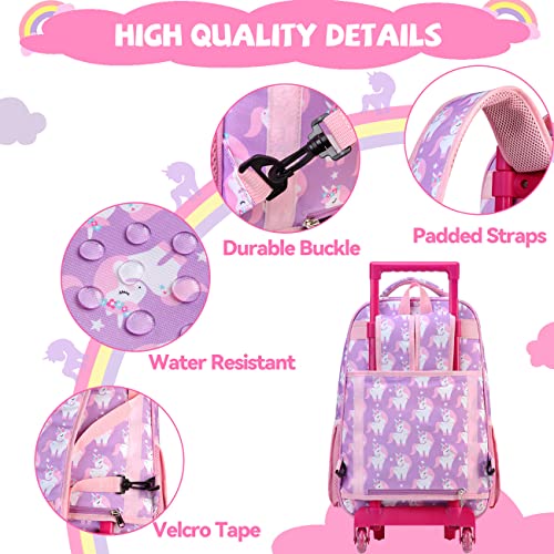 VASCHY Rolling Backpack Kids, 17in Water Resistant Large Schoolbag Carry-on Travel Trip Bag with Wheels for Girls Unicorn