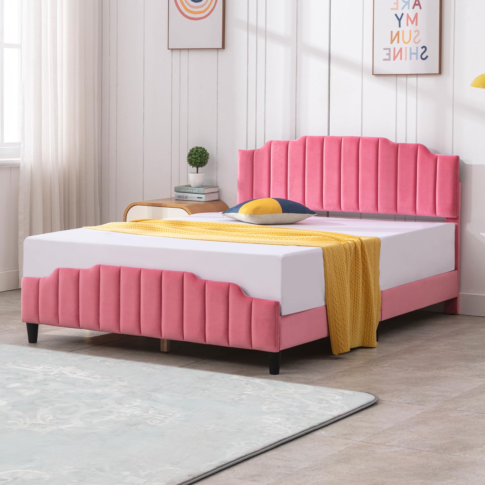 ZAFLY Full Size Bed Frame Kids, Modern Comfortable Pink Princess Bed Frames, Soft Headboard Padding& Wood Slats, Perfect for GirlsāRooms, No Box Spring Necessary (Princess)