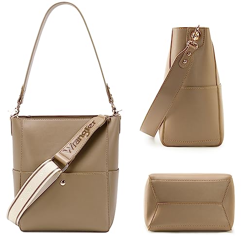 Wrangler Bucket Handbags for Women Crossbody Shoulder Purse with Guitar Strap and Hobo Bag Organizer Insert Tote Oversized Khaki WG67-918KH