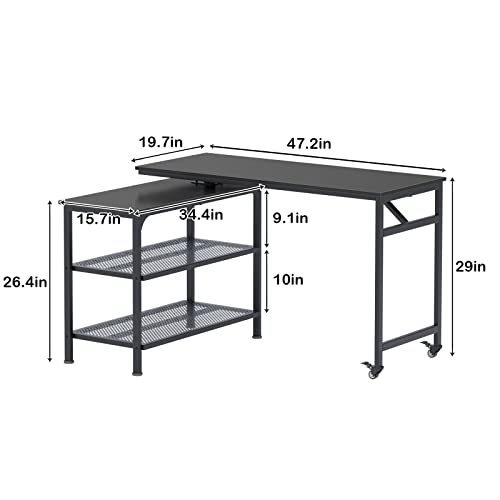 soges Reversible L Shaped Desk, 360° Free Rotating Corner Computer Desk, 47 inch L Desk with Storage Shelves for Home Office, Modern Study Writing Table Workstation, Black