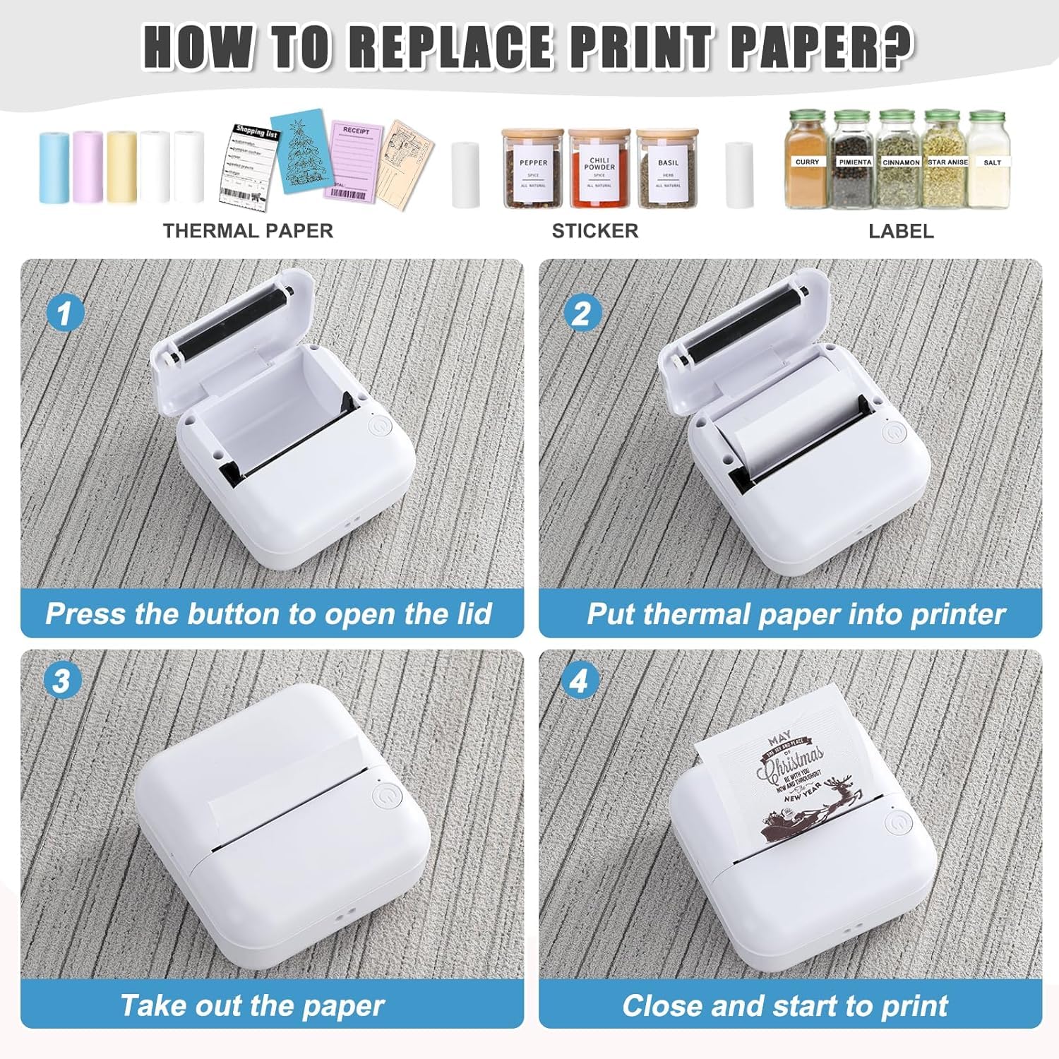 WeePro Mini Printer Portable Inkless Sticker Printer with 13 Rolls Paper, Ideal for Sticker Maker Machine, Label Printer for Small Business, Doodle Pocket Printer Compatible with Phone & Tablet