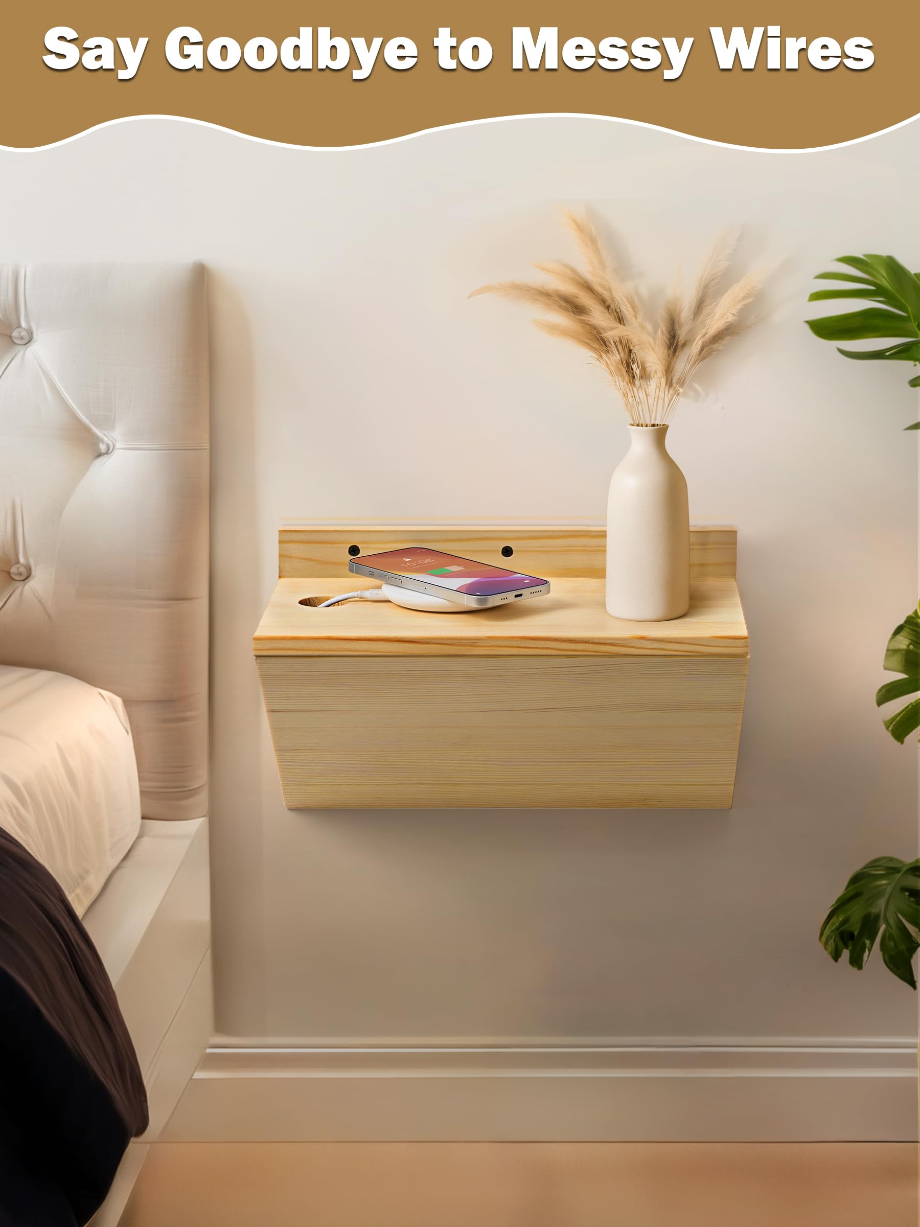 Sivapleso Floating Nightstand Set of 2, Natural Solid Wood Floating Bedside Tables Small Wall Mounted Nightstand Hanging for Bedroom