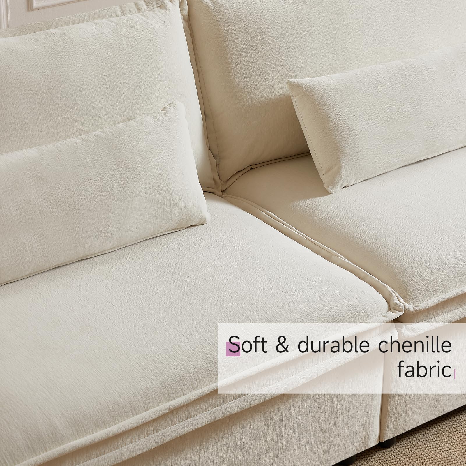 Sivoey 3 Seater Sofa with Deep Seat, 94" Mid Century Modern Upholstered Sofa with Armrests, Tools-Free Assemble, Comfy Chenille Beige Loveseat Couches for Living Room, Bedroom, Apartment and Office