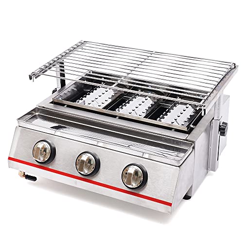 Tabletop Grill, 3-Burner Side Gas Grill, Portable Barbecue Grill, Stainless Steel BBQ Grill Cooker with Grill Net for Camping Parties Barbeque Picnics Outdoor Use