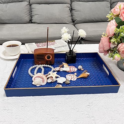 Umisriro Navy Blue Serving Tray with Handles, Plastic Decorative Tray for Ottoman, Coffee Table, Living Room, Kitchen 15.7βx10.2β